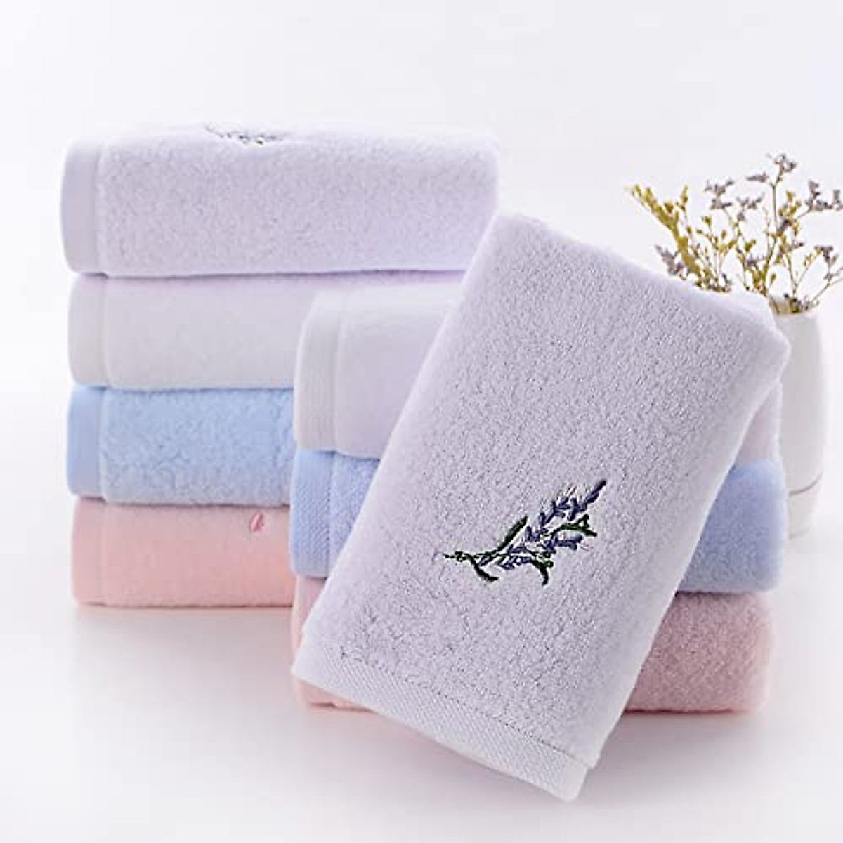 Pidada Hand Towel Set of 3 Embroidered Lavender Floral Pattern 100% Cotton Soft Absorbent Decorative Towel for Bathroom (Light Purple)
