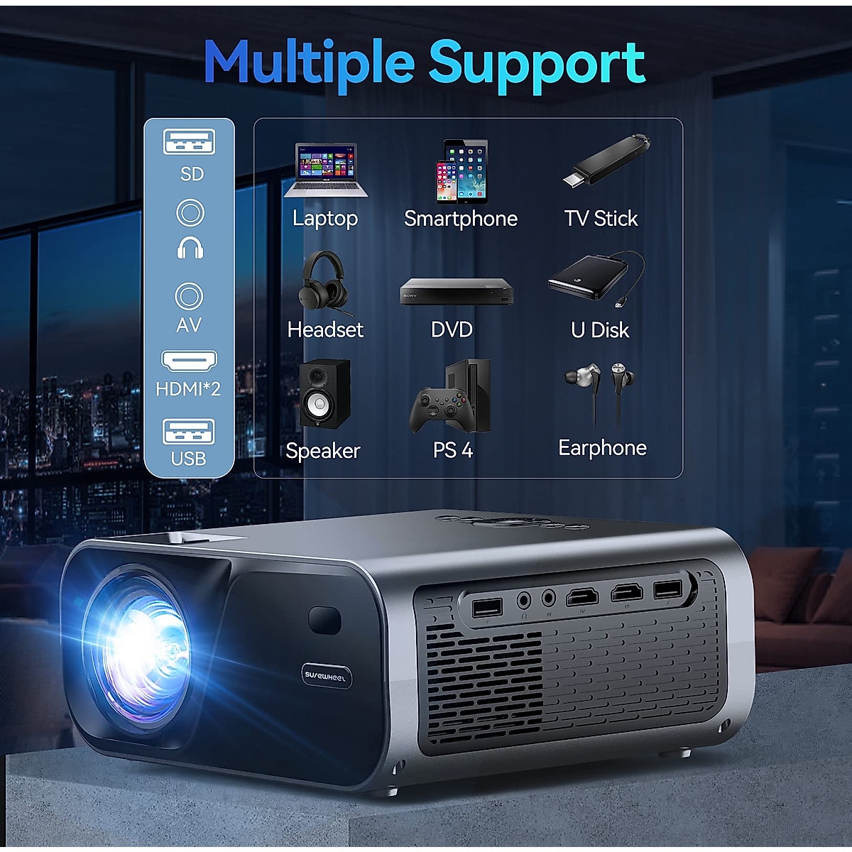 SUREWHEEL Projector, 1080P Native Projector with WiFi and Bluetooth, 12000 Lumens Bluetooth Projector 220" Display, Outdoor Movie Projector Compatible with TV Stick/HDMI/iOS/Android