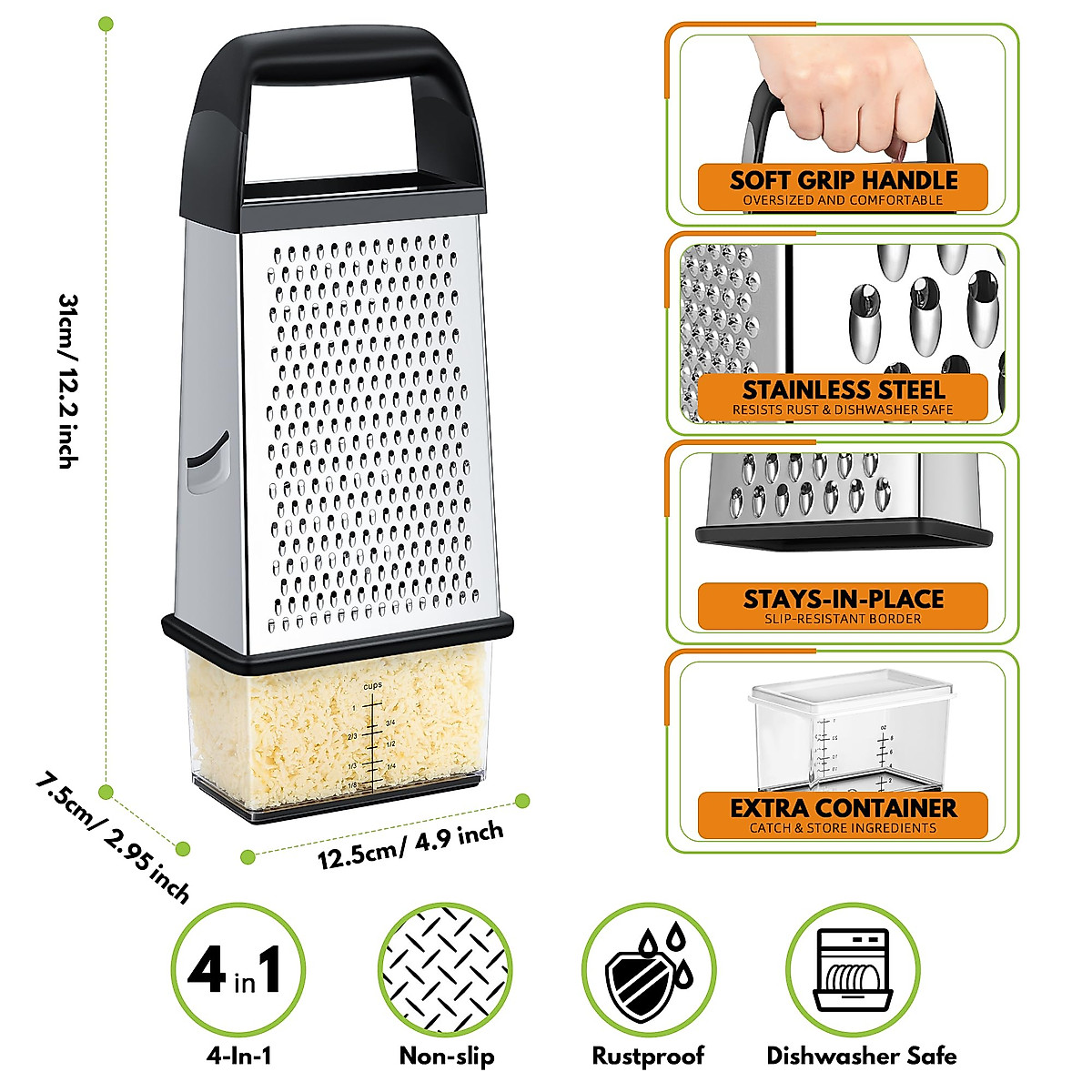 Urbanstrive Cheese Grater With Container, Professional Cheese Grater with Handle, Stainless Steel Graters for Kitchen Handheld, Box Grater with 4 Sides for Vegetables, Ginger, Potatoes, Black