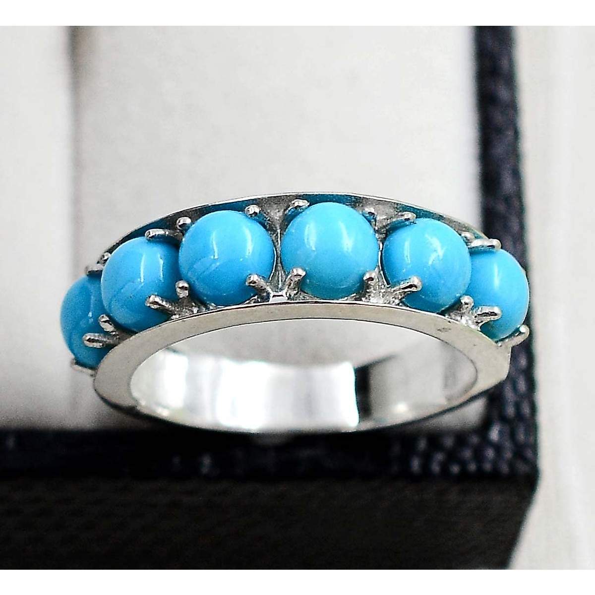 5 MM Round Cabochon Natural Sleeping Beauty Turquoise Gemstone 925 Sterling Silver December Birthstone Cluster Unisex Proposal Ring For Girlfriend Gift (Rhodium Plated Silver, 9.5)