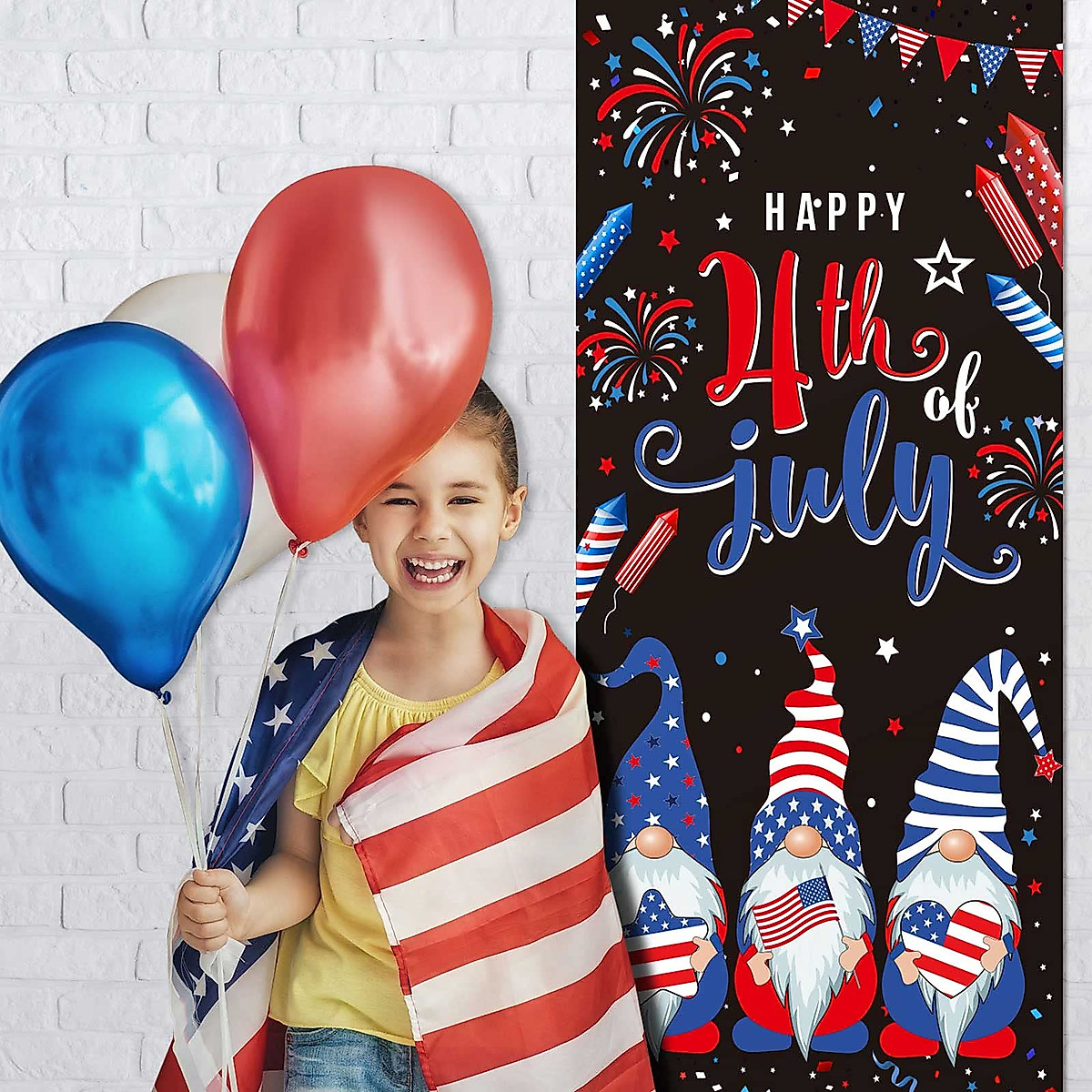 4th of July Banner Patriotic Decoration Independence Day Door Banner 4th of July Gnomes Door Cover America Strip Star Memorial Day Sign for Indoor Outdoor Party Supplies 71 x 35 Inches