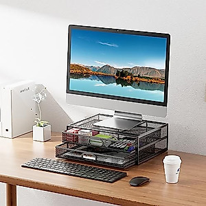 Monitor Stand Riser with Drawer - Metal Mesh Desk Organizer with Dual Pull Out Storage Drawer,Office Supply for Computer, PC, Laptop, Printer, Notebook, iMac (Black)