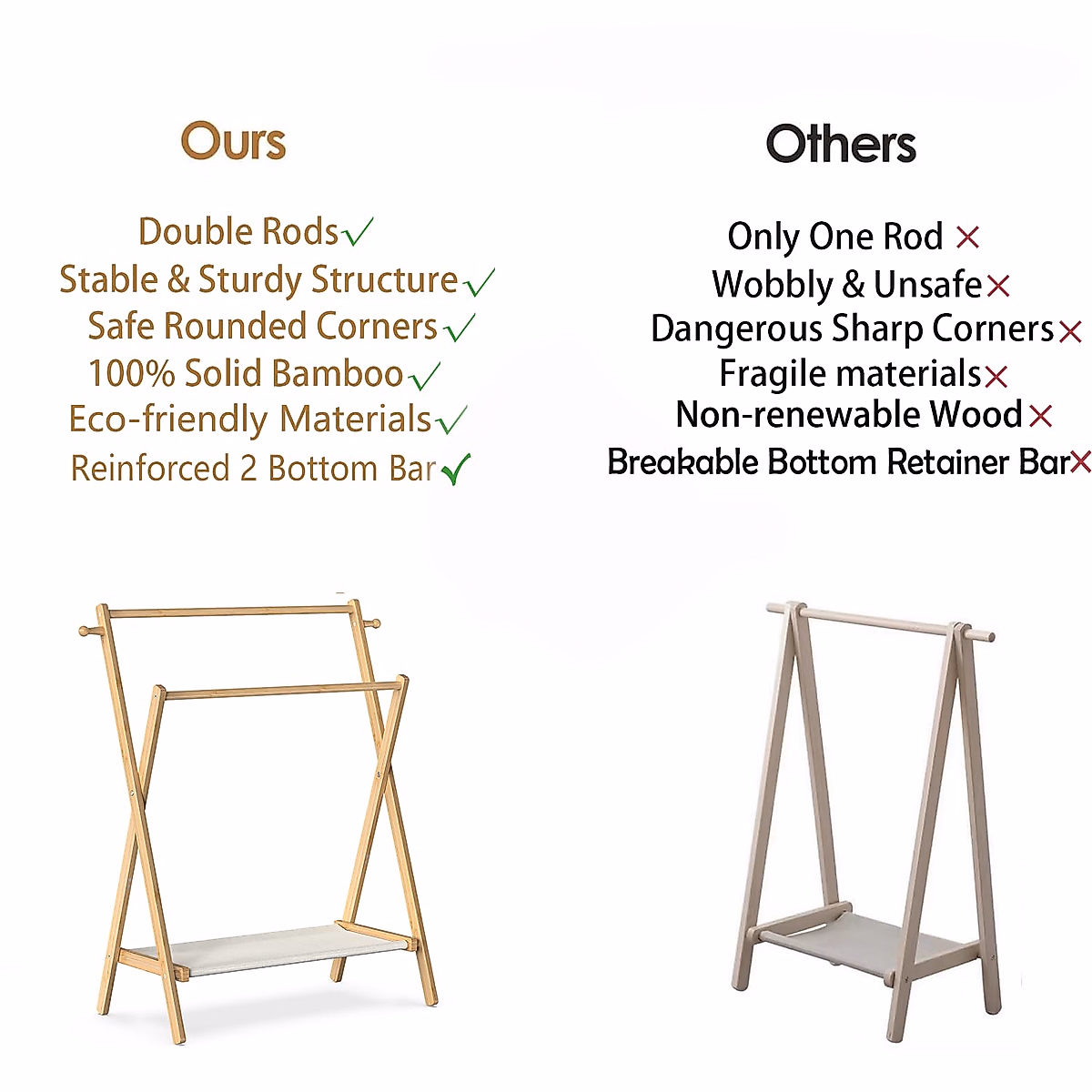 BAMBOOHOMIE Kids Clothing Rack, Small Clothes Rack for Toddler Pets, Kids Dress Up Rack with Storage Shelf & Double Rods, Foldable Kids Clothes Rack for Nursery Child's Room (Regular Size)