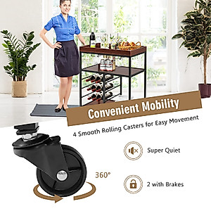 COSTWAY Kitchen Rolling Island Cart, with 9-Bottle Wine Racks & Glass Holders, Utility Beverage Cart Trolley with Lockable Wheels for Home Kitchen, Wooden and Metal Frame, Rustic Brown