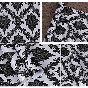 Black Damask Contact Paper Self Adhesive Shelf Liner Cabinets Drawer Wall Sticker Peel and Stick Wallpaper for Bathroom Bedroom 17.7" x 196"