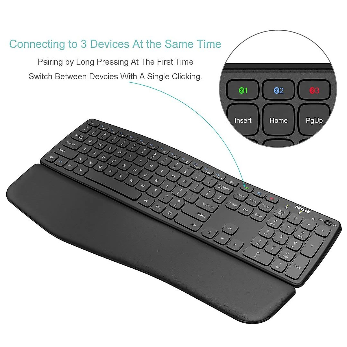 Arteck Bluetooth Keyboard Universal Wave Ergonomic Keyboard with Palm Rest Multi-Device Full Size Wireless Keyboard for Windows iOS iPad OS Android, Computer Desktop Laptop Surface Tablet Smartphone