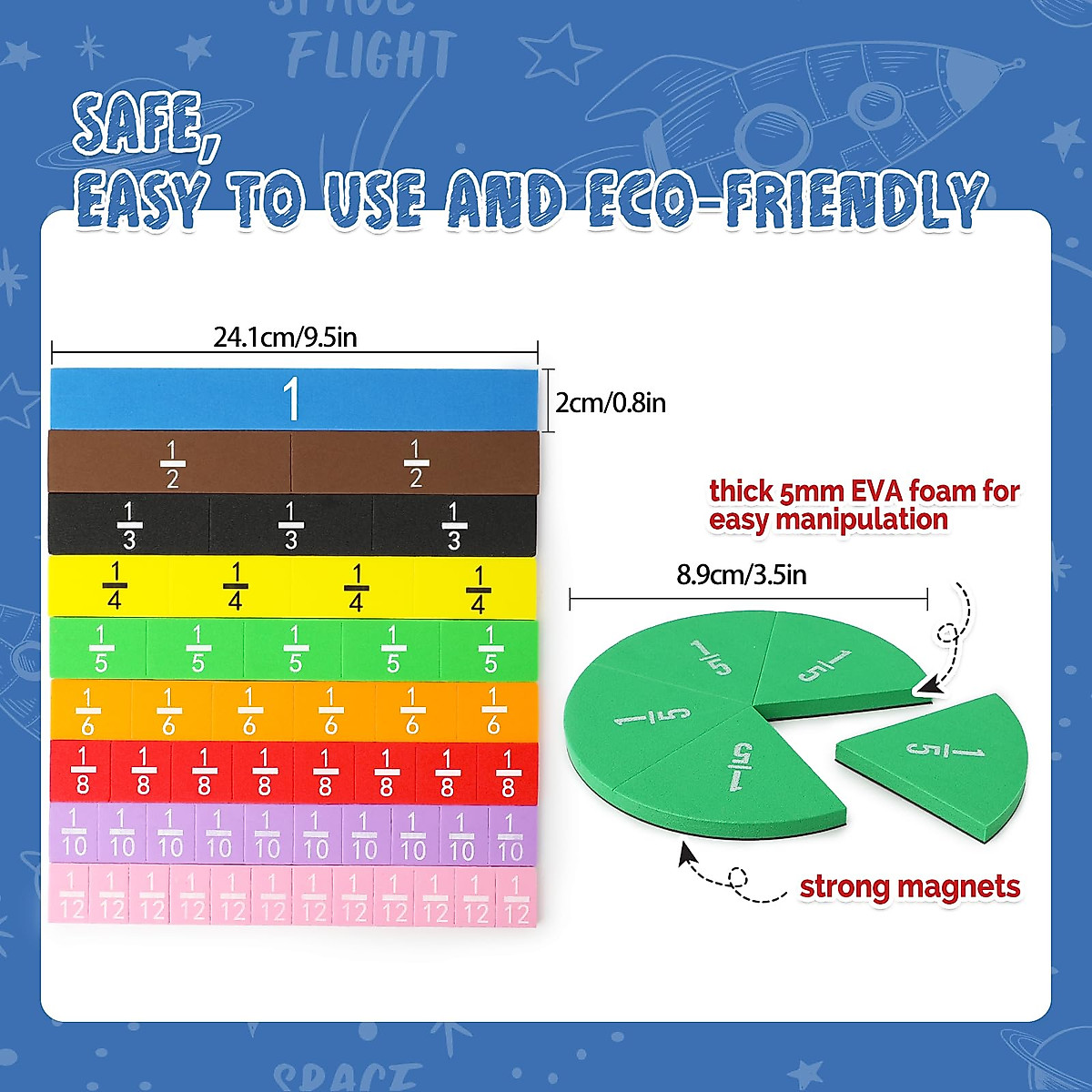 Torlam Magnetic Fraction Tiles & Fraction Circles Activity Set - Math Manipulatives for Elementary School - Fraction Magnets & Resources - Fraction Strips & Bars