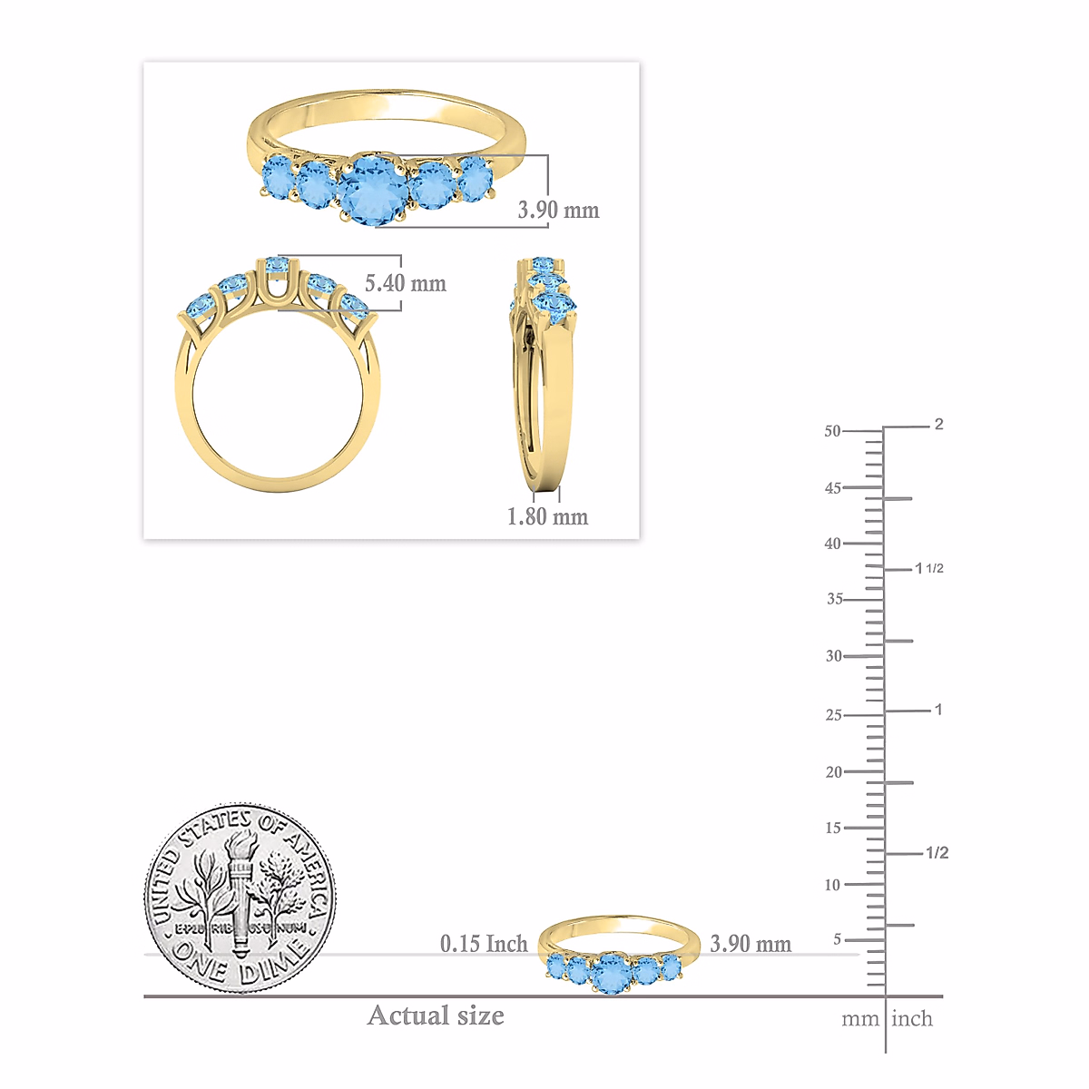 Dazzlingrock Collection 3.8mm Round Blue Topaz 5 Stone Style Wedding Ring Band for Women in 14K Yellow Gold, Size 7