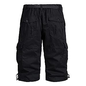 Mens Shorts Elastic Waistband Mens Elastic Waist Shorts Casual Linen Multi Pockets Cargo Short Waistband Camouflage Work Utility Tooling Shorts Cotton Shorts Men 7 Inch Black XL