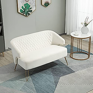 Krinana Velvet Loveseat Sofa Couch with Solid Wood Frame, Modern 2 Seater Sofa with Gold Metal Legs, 2-Seat Sofa for Living Room Bedroom Office Hotel Apartments (Cream White)