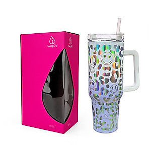 Swig Sip 40oz Leopard Tumbler - Double Wall Stainless Steel Dishwasher Safe Vacuum Insulated Travel Tumblers with Handle & Straw (White Purple)