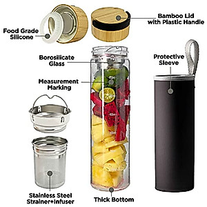 ameiin 23oz Borosilicate Glass Water Bottles with Bamboo Lid and Neoprene Sleeve for Loose Leaf Tea and Fruit Infused Water - Cold Brew Coffee Maker - Tea Infuser Bottle with Strainer - Glass Tumbler
