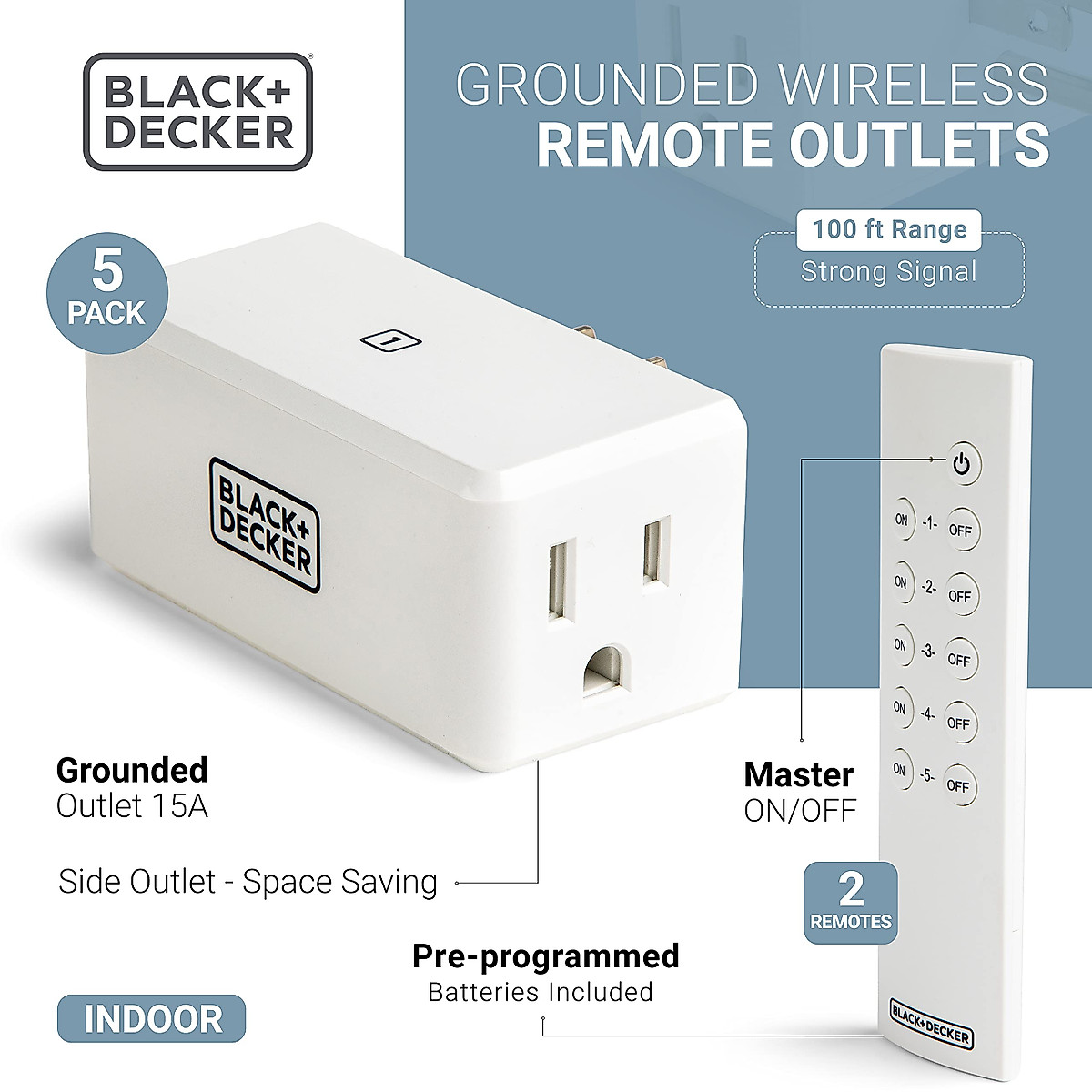 BLACK+DECKER Wireless Remote-Control Outlet, Pack of 5 Outlets, 2 Remotes - Premium Light Switches