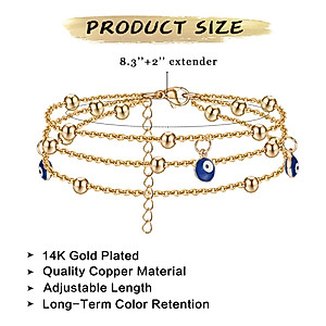 FIBO STEEL 6Pcs Evil Eye Anklets for Women Waterproof 14K Gold Plated Non Tarnish Adjustable Dainty Layered Summer Beach Jewelry Gifts