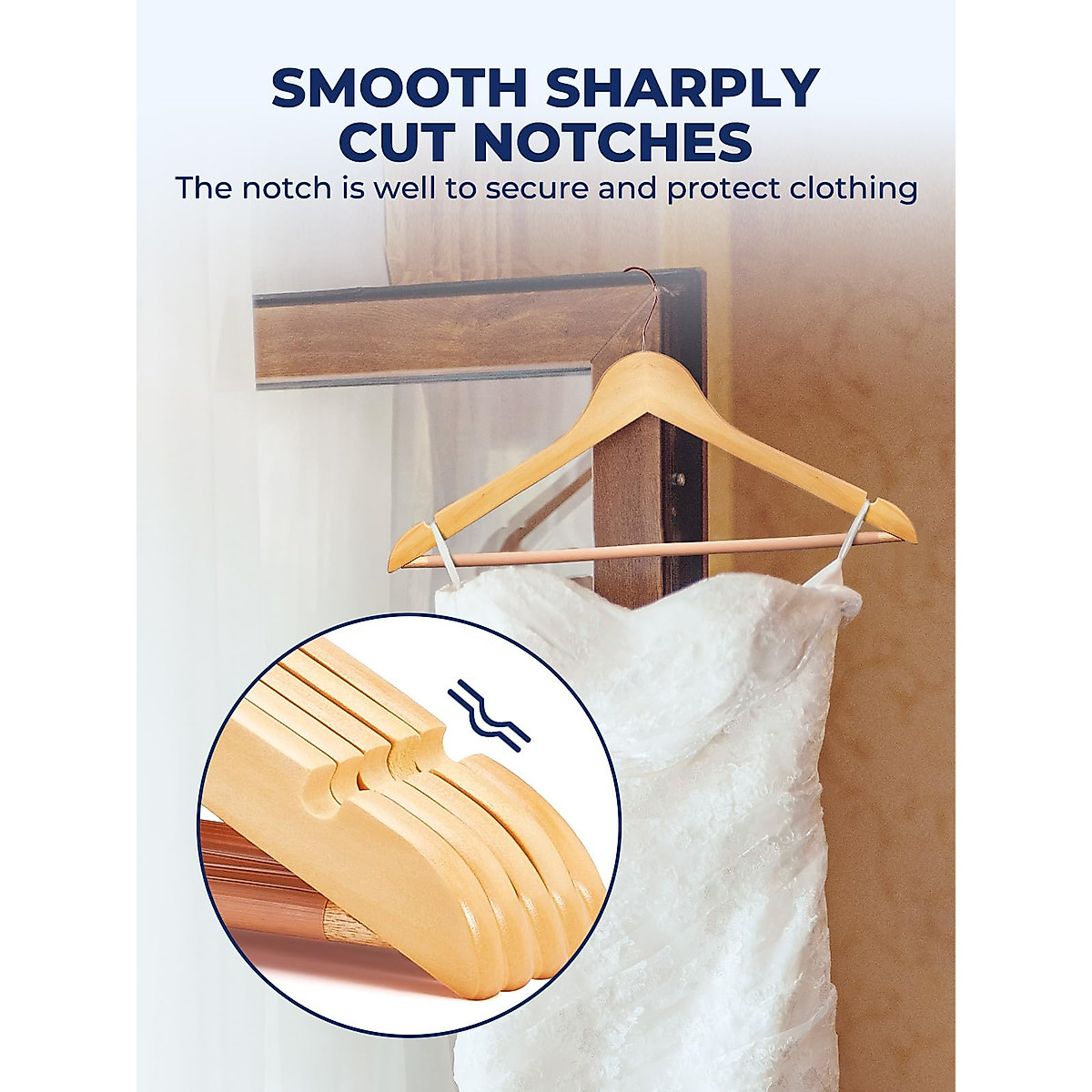 Smartor Wooden Hangers 10 Pack, Durable Coat Hanger Wood Hangers with Bar, Premium Suit Hangers for Men Women - Heavy Duty Hangers Pants Hanger Set with 360° Rose Gold Rotatable Hook, Natural