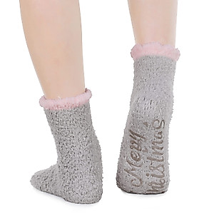 Century Star Womens Fuzzy Socks with Grips Hospital Socks Non Slip Slipper Socks Athletic Fluffy Cozy Gripper Yoga Pilates Socks for Christmas 5 Pairs Mixed Color