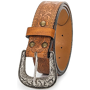 NociHah Retro-Western-Leather-Belts for Women and Men - Fashion Cowgirl Cowboy Waist-Belt Engrave Flower Buckle-Belt for Jeans Pants Dresses (Waist for 29"-39")