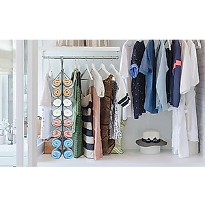 Leggings Storage Hanging Organizer,Storaging Hanger Roll Rack Holder for T-Shirt Jeans Gym Pants,RV Portable Closets Space Saver (Gray, 16 Compartments x 2Pack)