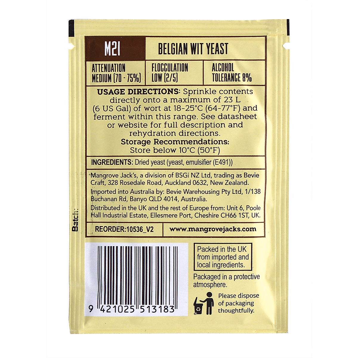 2X Mangrove Jack’s Craft Series Yeast M21 Belgian Wit (10g)