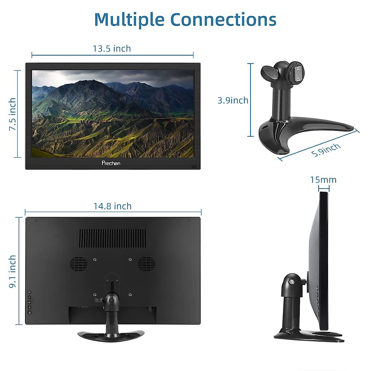 Prechen 15.6 inch Small PC Monitor HDMI Monitor 1366x768 LED Monitor Support HDMI VGA AV BNC USB Intput, for Fire Stick, Mini Monitor Computer Monitor, Built-in Speaker