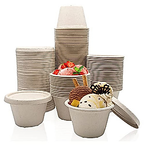 Goiio 100 Pcs 4 Oz Bagasse Fiber Condiment Cups with Lids, Compostable Portion Cups, Disposable Souffle, for Snack Dressing Food Storage