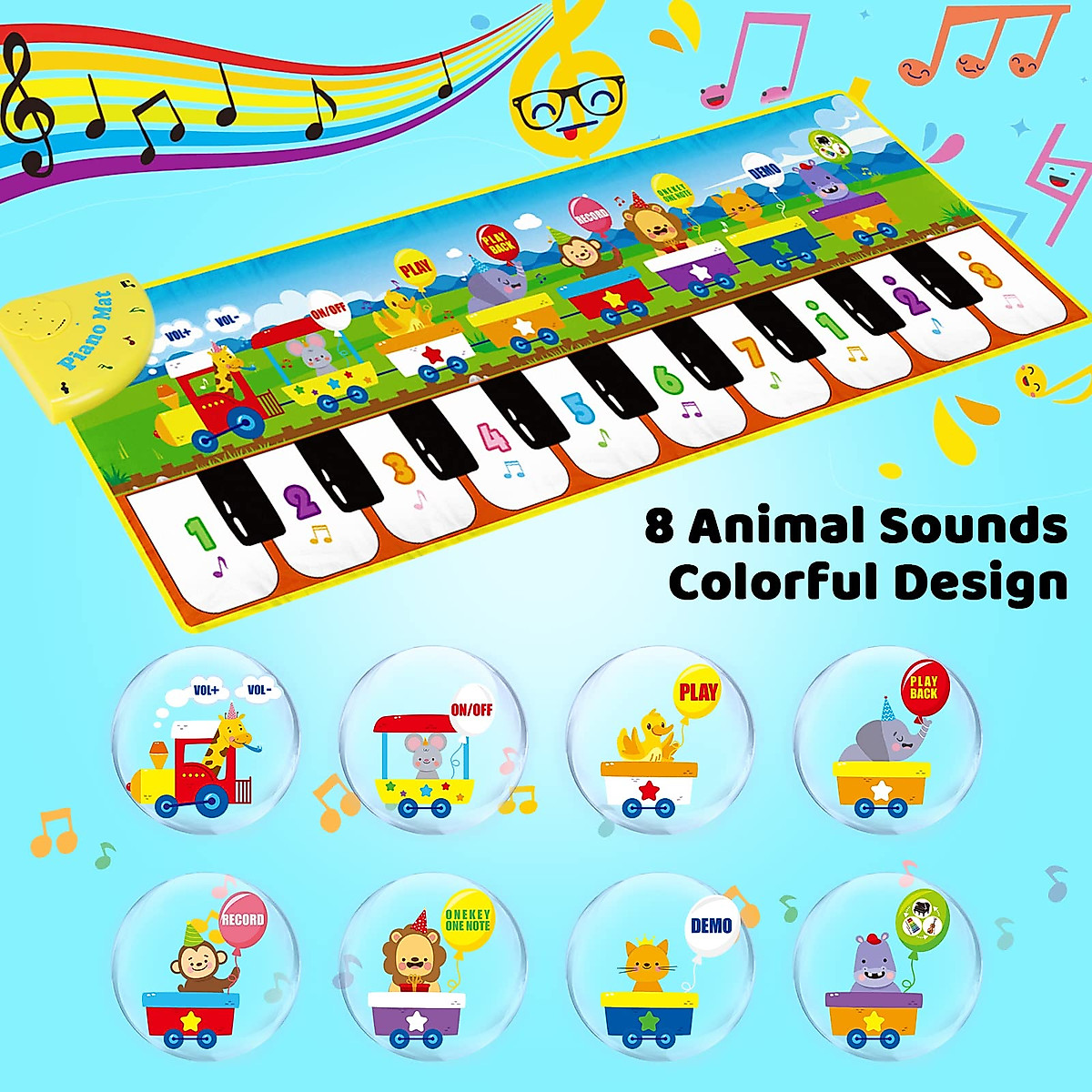 RenFox Baby Musical Piano Mat, Floor Dance Toys with 10 Songs, 8 Animal Sounds, 5 Modes. Child Keyboard Blanket Music Touch Play Mat, Musical Early Educational Toys Gifts for Toddlers Girls Boys