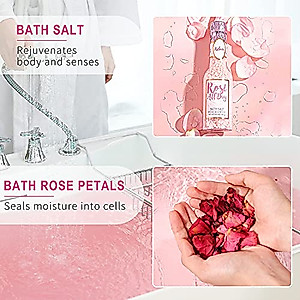 BFF LOVE 6Pcs Spa Gifts for Women, Bath Gift Set, Rose Gift Baskets for Women, Spa Kit with Essential Rose Oil, Bath Salt, Soap, Natural Petals, Mothers Day Gifts for Her