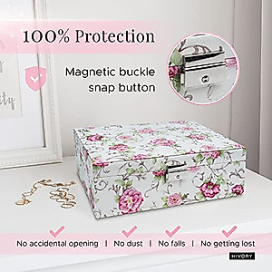 Jewelry Organizer Box - Women Two Layer Display Storage Case Large PU Leather Jewelry Holder with Lock for Earring Ring Necklace Bracelet, Beige White (Floral White)