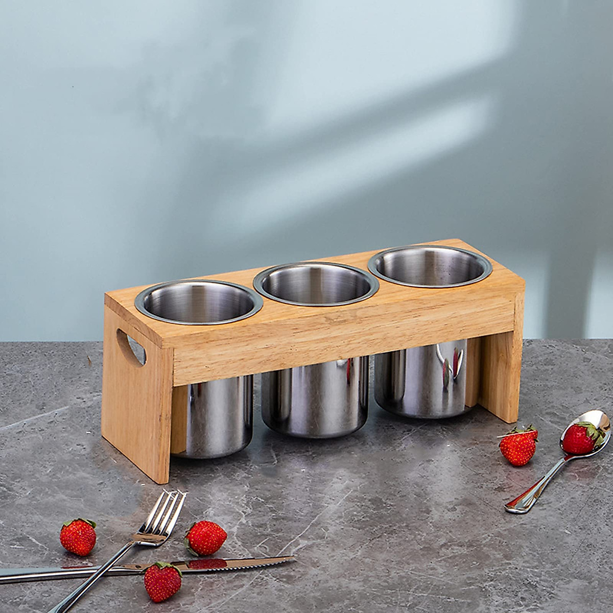 ZOOFOX 3 Pack Silverware Holder, Stainless Steel Utensil Organizer with Wood Base, Flatware Caddy for Spoons, Knives and Forks, Great for Kitchen Table, Cabinet, Pantry