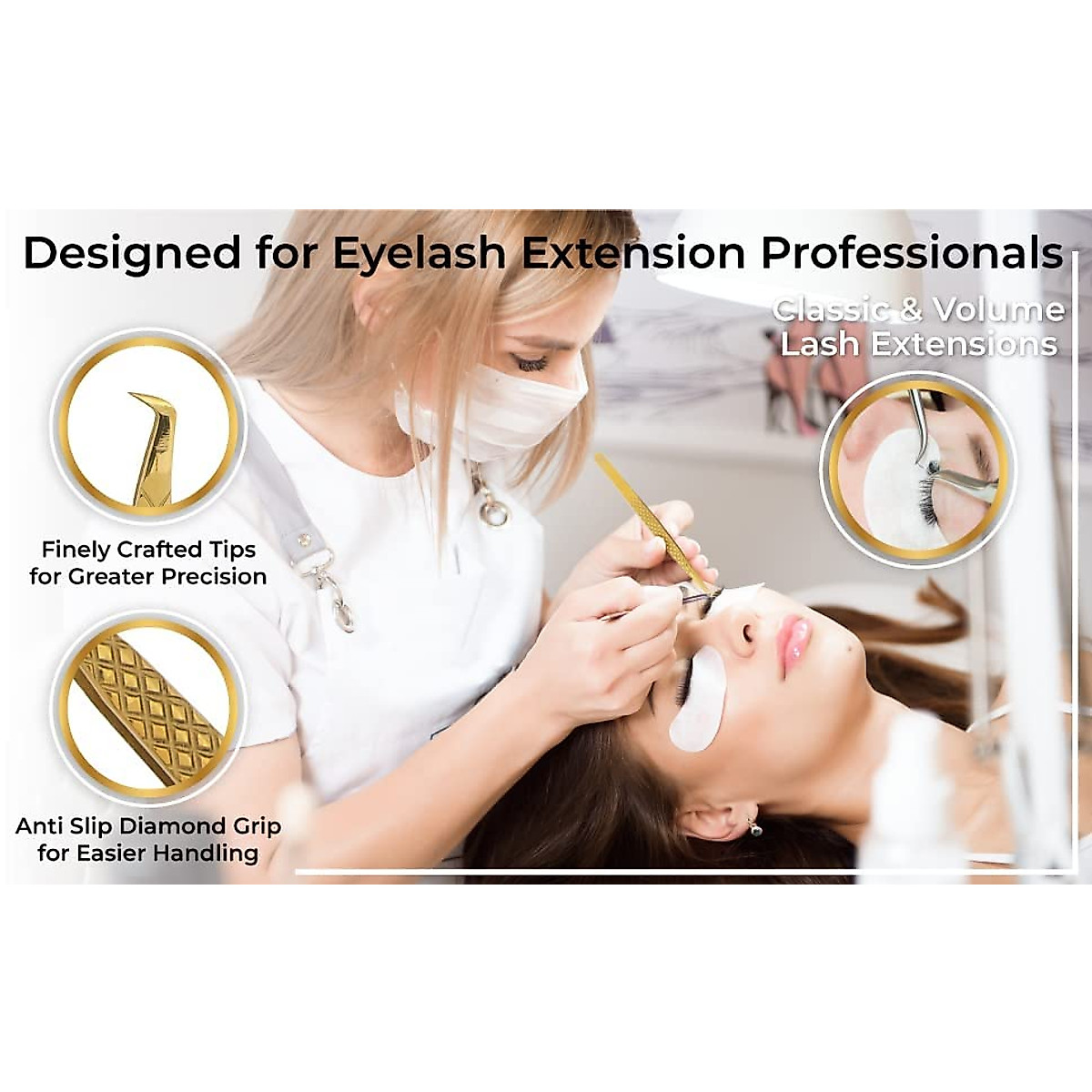 M LASH Tweezers for Eyelash Extensions (Set of 4) - Professional Lash Extension Tweezers - Fiber Tip, Japanese Steel, Diamond Grip Eyelash Extension Tweezer (Blue)