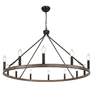 WBinDX 12 Lights Wagon Wheel Chandelier, 38.2 Inch Large Black Faux Wood Metal Farmhouse Chandelier Lighting, Rustic Candle Round Chandeliers for Living Room Foyer Entryway High Ceilings