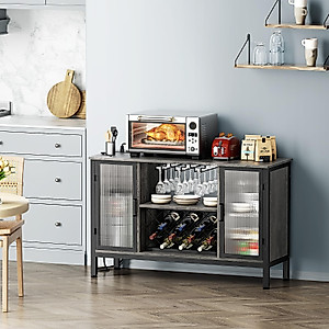 Zarler Bar Table Cabinet with Power Outlet and Light, LED Wine Bar Stand for Liquor and Glasses, Metal Home Mini Bar with 4-Tier Storage (Dark Grey), 13.4″D x 47″ W x 29.5″H, WBC001