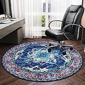 Vaukki Vintage 4 Ft Round Desk Chair Mat, Non Slip Desk Floor Mat for Hardwood Floor, Waterproof Office Floor Mat Chair Floor Protector for Rolling Chair, Blue