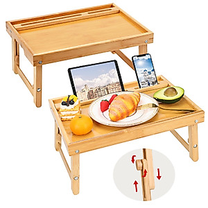 Moretoes 2pcs Bed Tray Table for Eating, Bamboo Breakfast Food Tray with Adjustable Folding Legs and Phone Holders for Sofa Laptop Desk Snack Tray