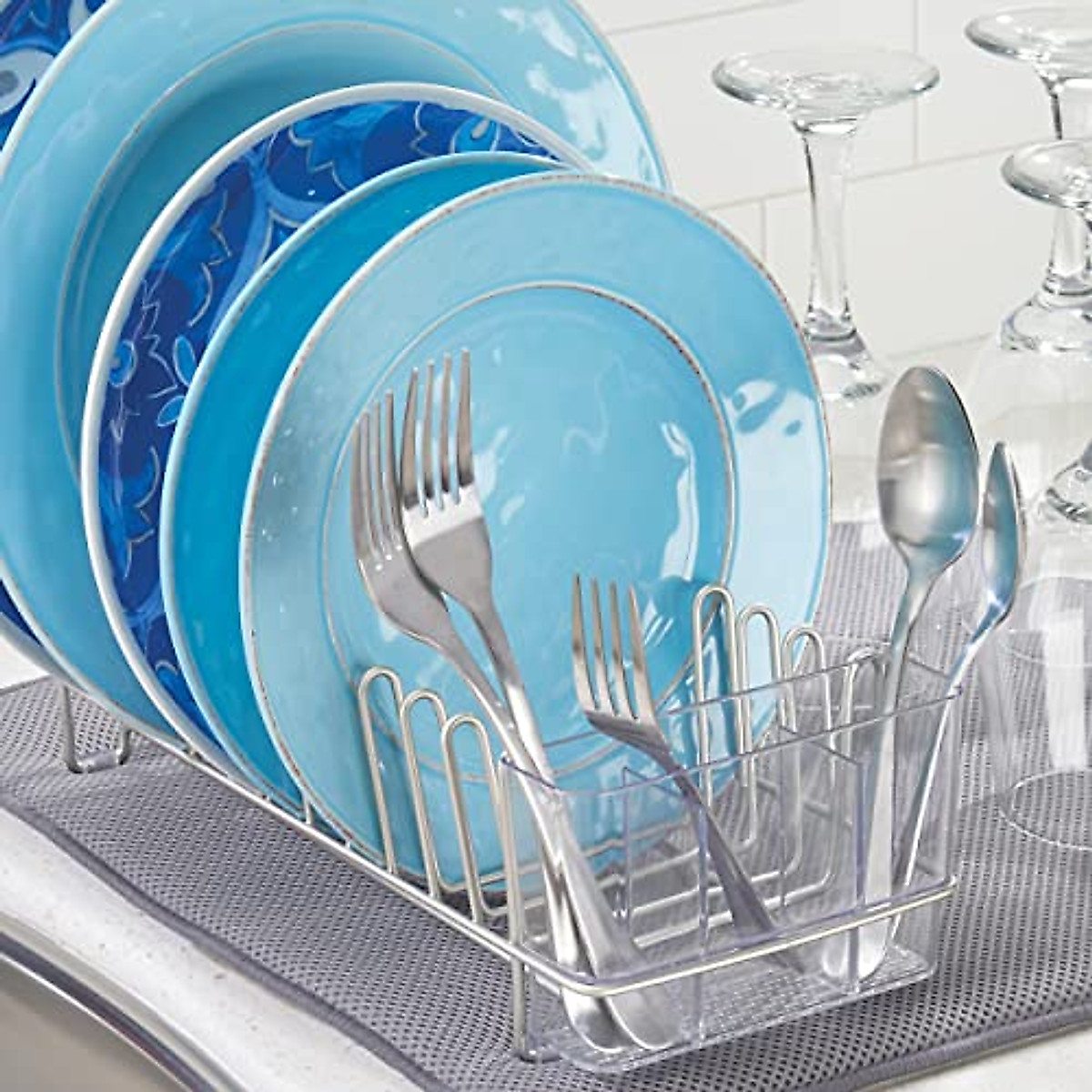 iDesign Metal Dish Drying Rack with Silverware Drainer, The Classico Collection – 12.5" x 5.5" x 4", Satin Silver