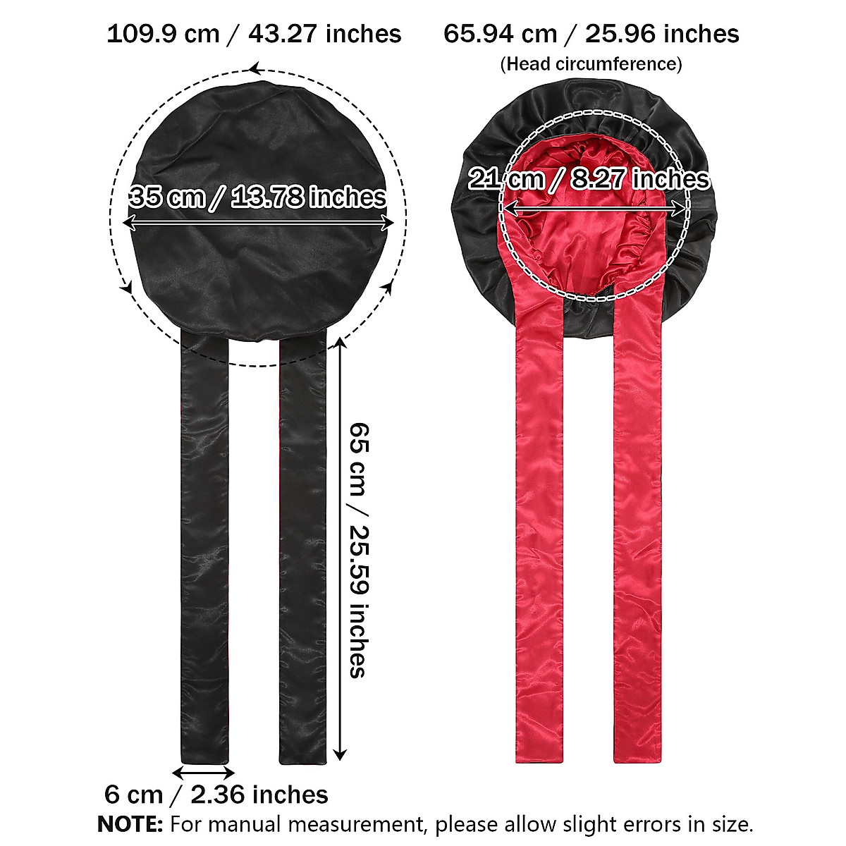 Satin Bonnet Silk Hair Bonnets for Women Curly Hair Wrap for Sleeping Cap Reversible Bonnet with Tie Band Night Cap Double Layer Sleep Cap for Curly Hair (Double-Layer Satin Bonnet (Black + Red)