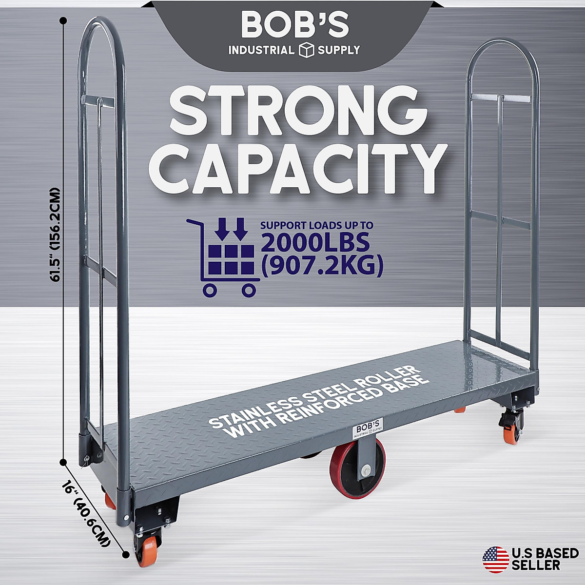 BISupply Rolling Cart 61x16 Narrow Aisle Moving Dolly with Curb Wedge Ramps - 2000lb Load Capacity Industrial Uboat Platform Truck with Handles