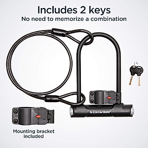 Schwinn Bike Max U-Lock with Double Crimped Cable, 2 Keys Included, 4 feet x 10mm Anti Theft Bicycle Lock, Security Level 5