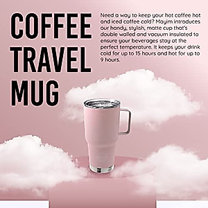 Mayim Large Travel Coffee Mug Tumbler with Clear Slide Lid and Handle, Reusable Vacuum Insulated Double-Wall Stainless-Steel Thermos, Fits in Cup Holder, 30oz., Blush