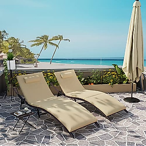 Kullavik Lounge Chairs for Outside,3 Pieces Chaise Lounge Outdoor Folding Pool Lounge Chairs Including Table Rattan Patio Furniture Set,Sand