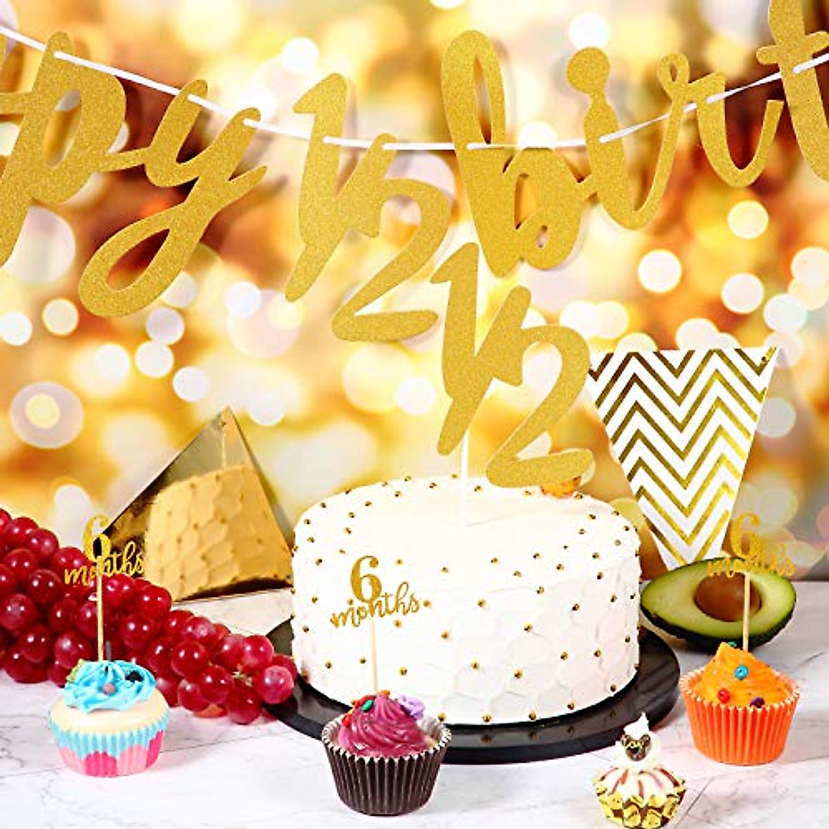 Skylety 51 Pieces 6 Months Birthday Decorations Happy Half Birthday Banner 6 Month Cupcake Topper Pick 1/2 Half Year Cake Topper Triangle Flag Banner Confetti Balloons for Girl Boy Baby Shower (Gold)