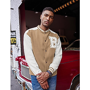 COOFANDY Baseball Jacket for Mens Letterman Varsity Jackets Button Up Khaki Sweatshirt with Letter B