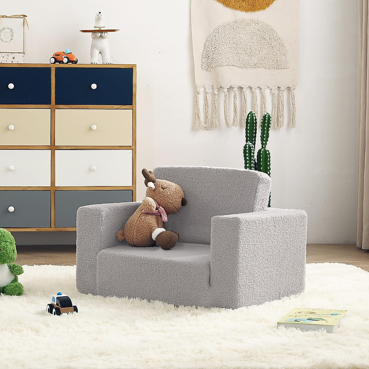 Givjoy Toddler Chair Sherpa Kids Couch, 2-in-1 Toddler Soft Kids Sofa Toddler Lounger Chair for Bedroom, Convertible Toddler Couch for Girls and Boys, Reading Chair for Kids, Grey