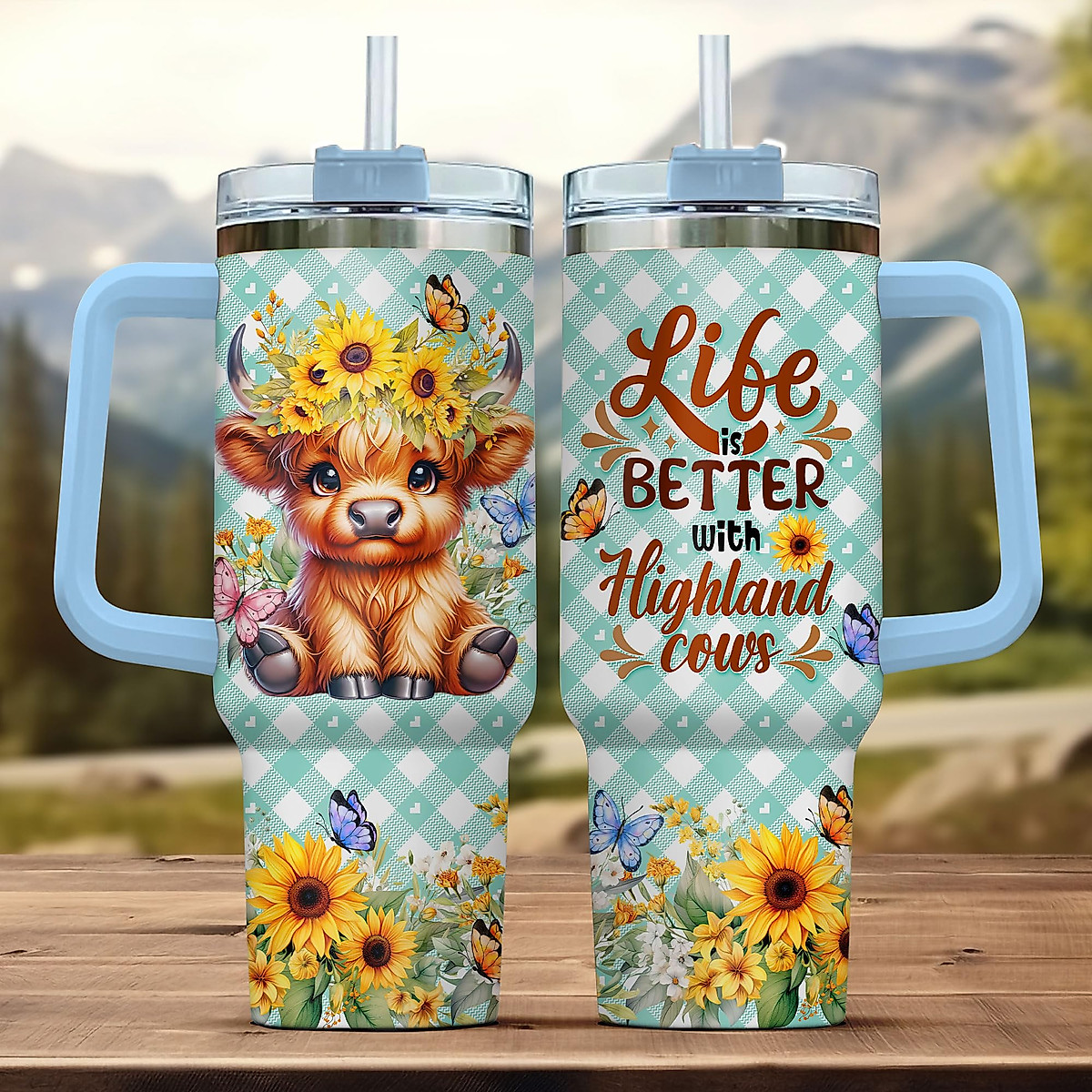 99OWL Highland Cow Gifts, For Cups Butterfly Tumblers Women Yellow Handle Coffee, Tumbler 40 Oz With Handle Lid And Straw, Cute Highland Cow Sunflower