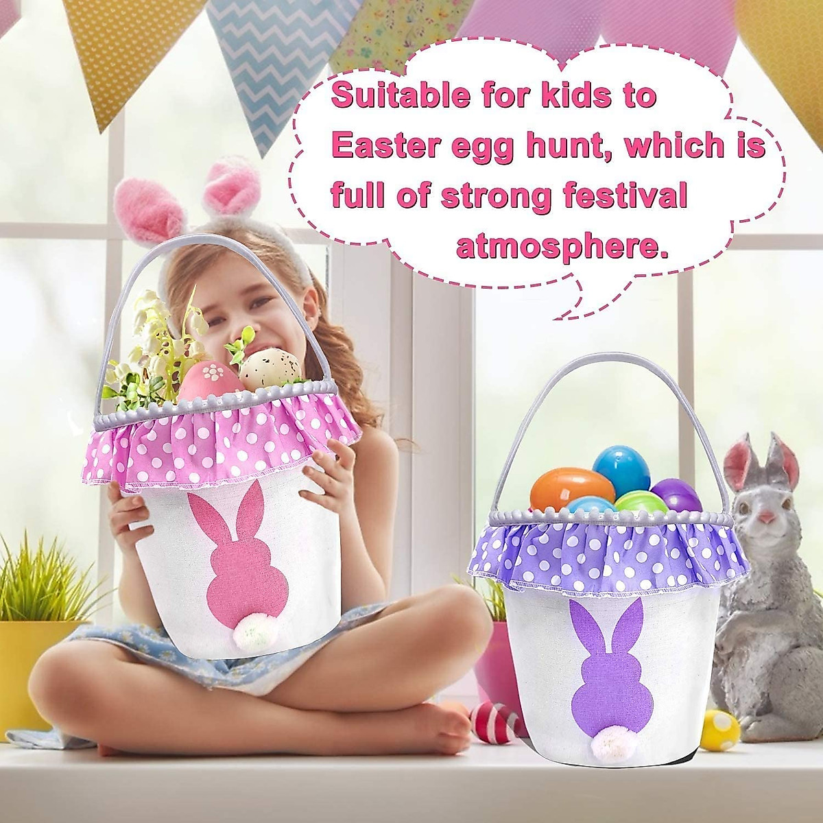 TOPLEE 3PCS Easter Baskets for Kids Canvas Bunny Basket Egg Bags Rabbit Fluffy Tails Eggs Hunt Bucket Easter Basket Stuffers for Girls Toddlers Easter Gifts Toys
