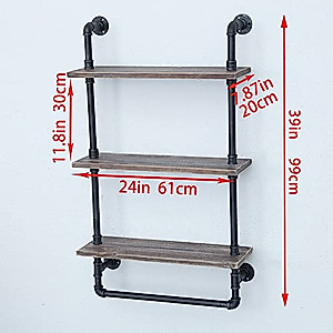 JIANZHUO Industrial Wood Bathroom Shelf Over Toilet with Towel Bar,Rustic Bathroom Shelves Floating Shelves 3 Tier,24in Pipe Shelves Pipe Shelf Towel Racks Wall Mounted,Farmhouse Pipe Shelving
