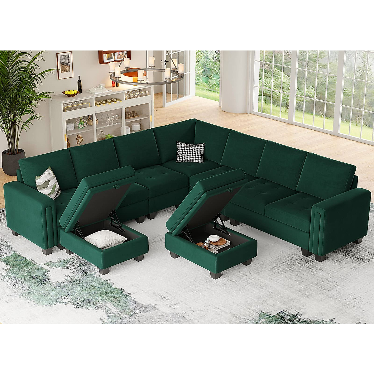Belffin Oversized Velvet Modular 8-Seat Sectional Sofa Set with Storage Ottoman U Shaped Couch Set Modular Sectional Convertible Sofa Couch with Reversible Chaise Corner Sofa Couch Set Green