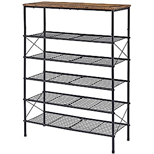 Tajsoon 6-Tier Shoe Rack Organizer, Industrial Shoe Rack for Closet Entryway, Metal Mesh Shoe Storage Shelf with X Shape Fixed Frame, Rustic Brown and Black