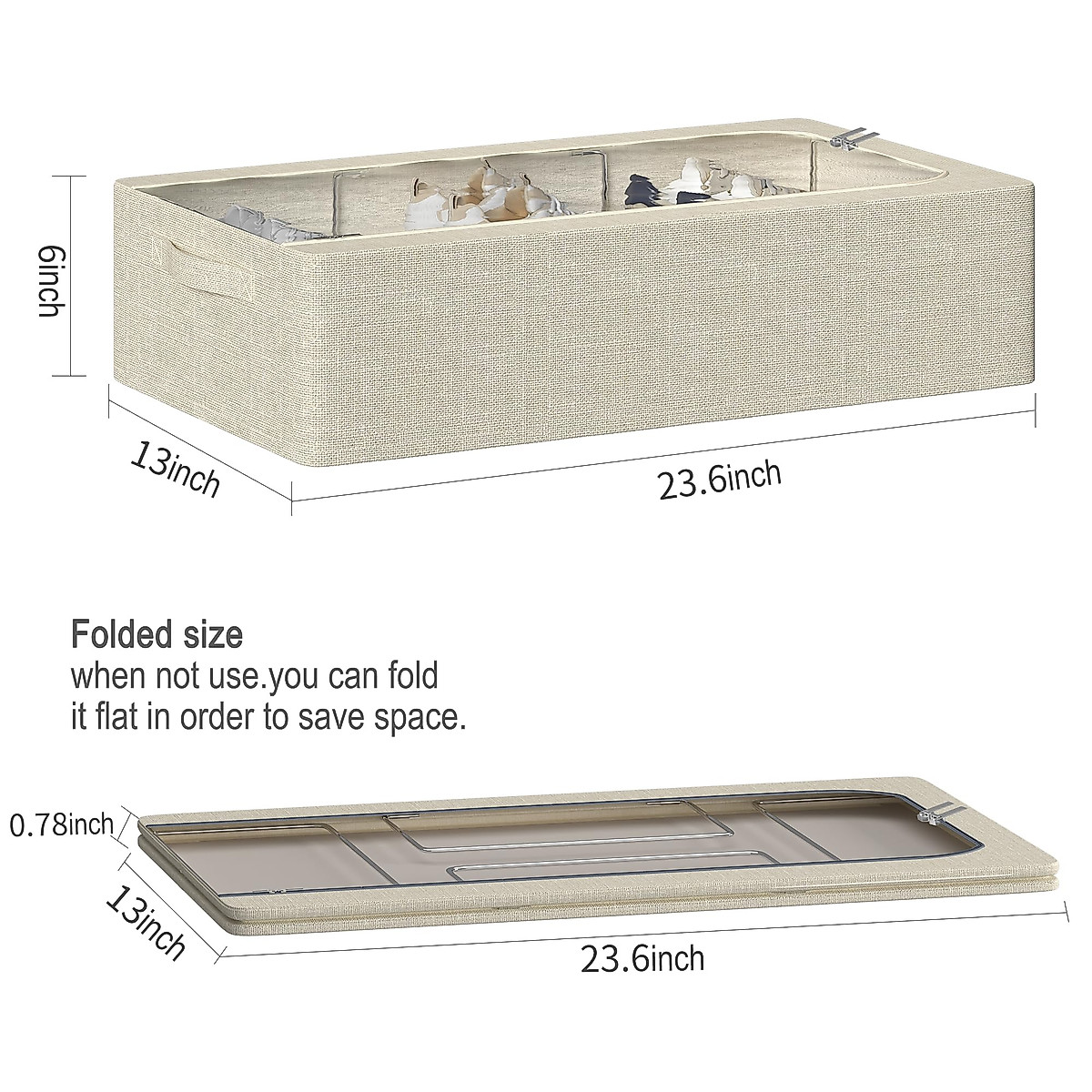 GRSQYS Under Bed Storage Bins with Metal Frame, Shoe Organizer for Closet with Large Clear Windw,Foldable Stackable Linen Fabric Clothes Organizer Bins (Beige, 23.6(L) x13(W) x6(H) inch)