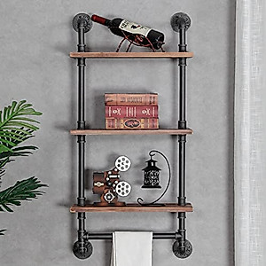 RZGY Industrial Pipe Bathroom Shelves Decor Wall Mounted 3 Tiered, Rustic Pipe Shelving Wood Shelf with Towel Bar, Pipe Shelving Floating Shelves Towel Holder, Retro Black
